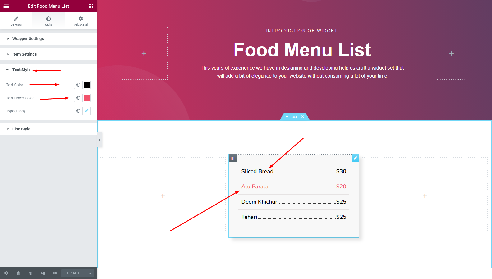 How To Use Food Menu List Widget Of EnterAddons - Enter Addons