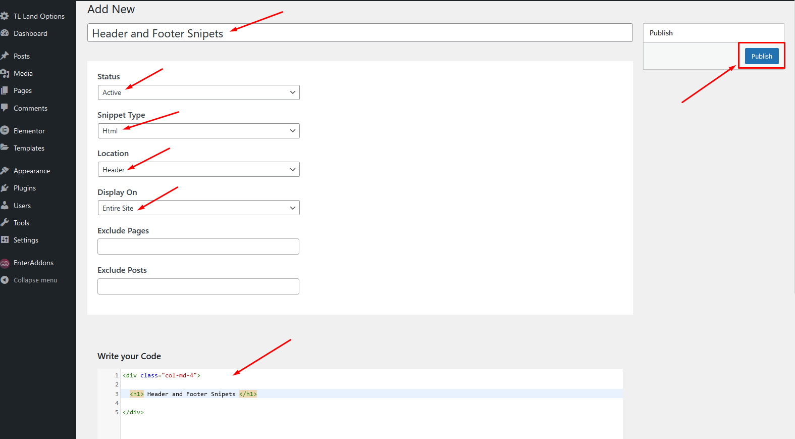How to use Header and Footer Snippets - Enter Addons