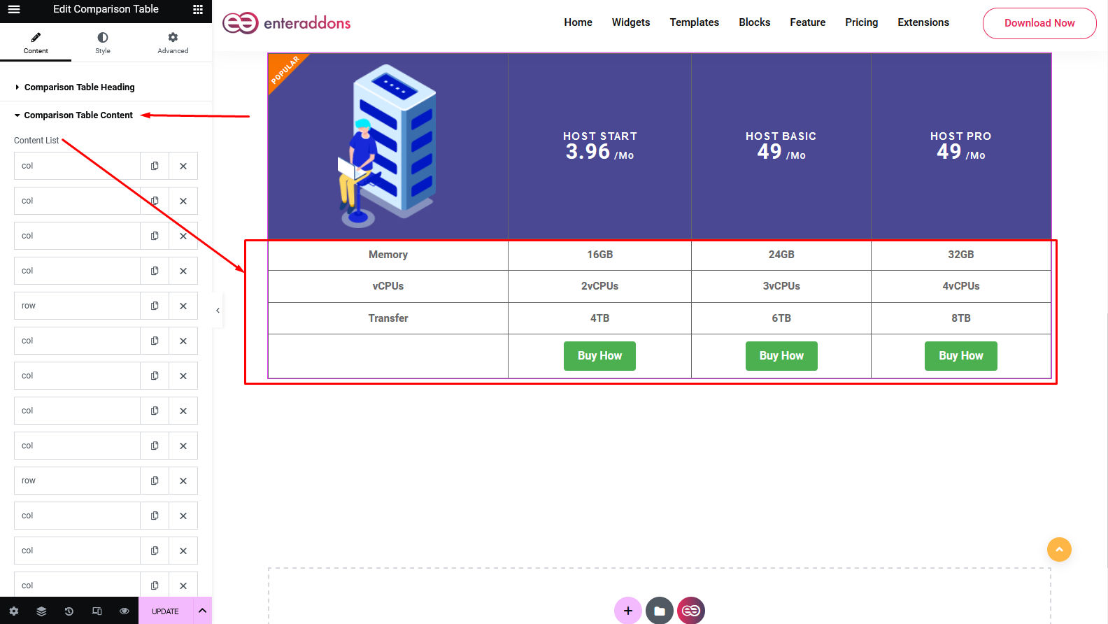 How To Use Comparison Table Widget Of Enter Addons - Enter Addons