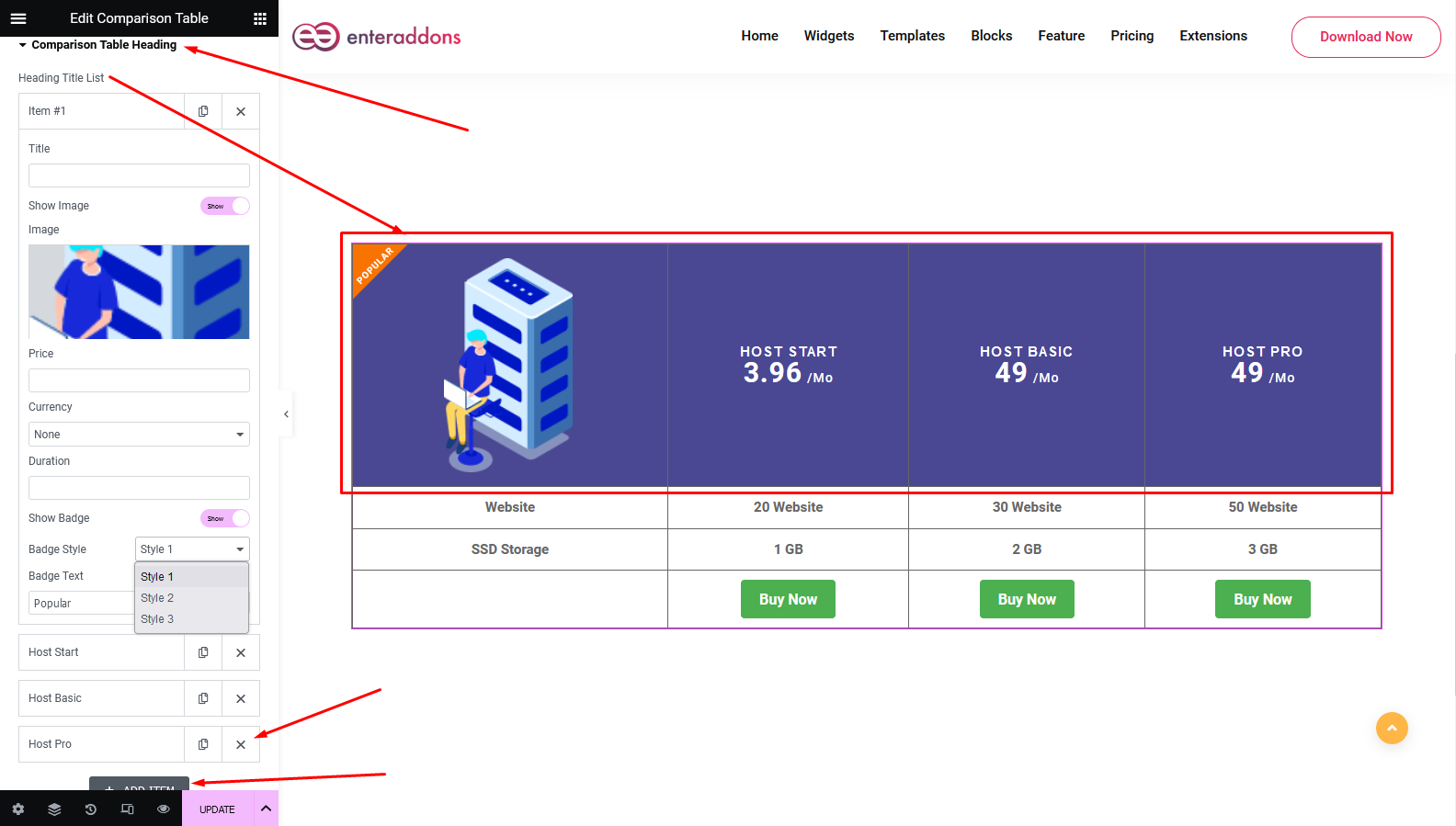 How To Use Comparison Table Of Enter Addons - Enter Addons