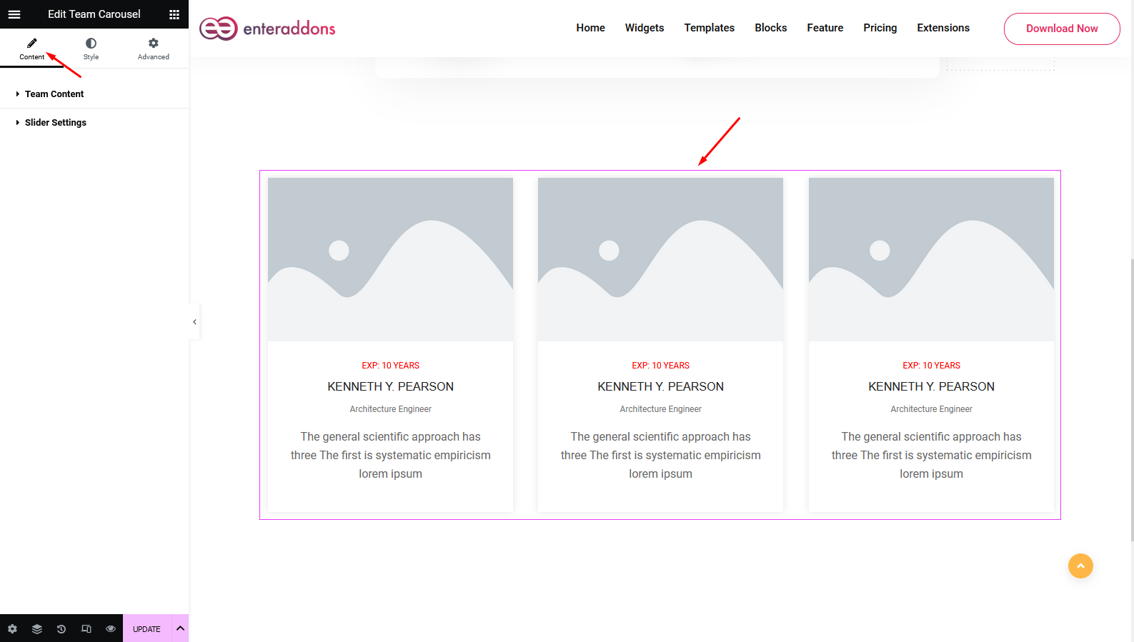 How To Use Team Carousel Widget Of EnterAddons - Enter Addons