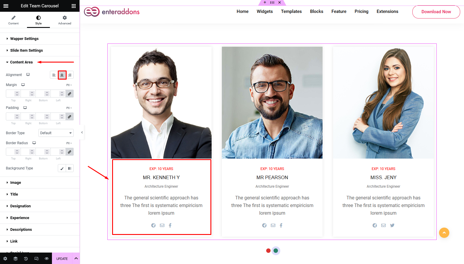 How To Use Team Carousel Widget Of EnterAddons - Enter Addons